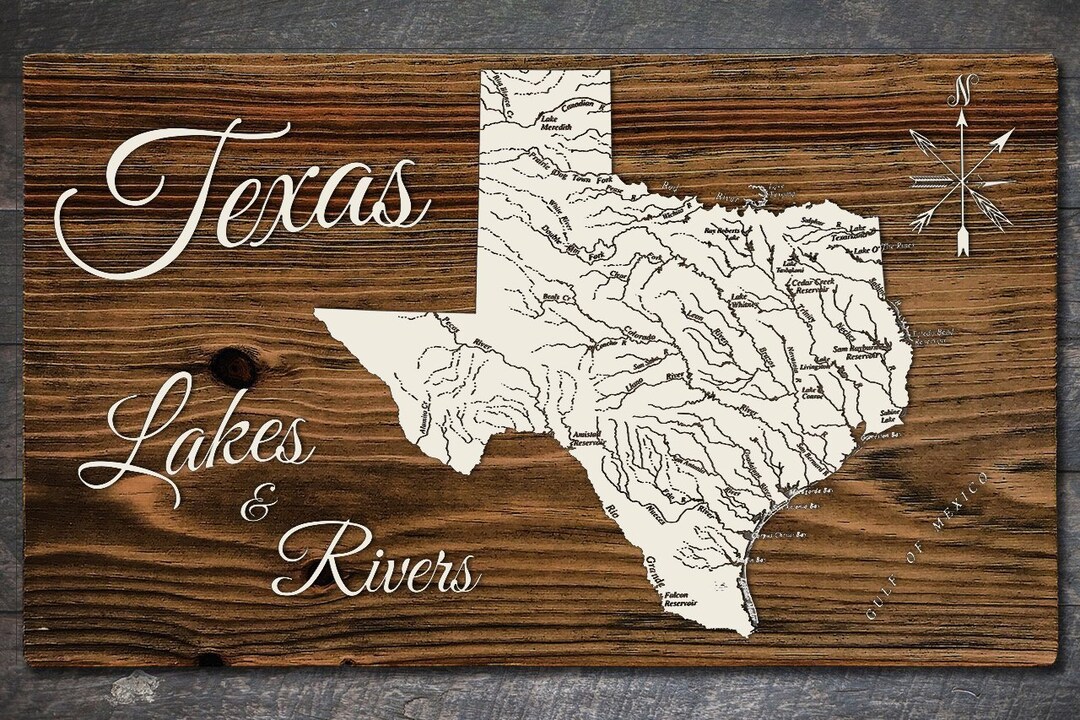 Texas Lakes & Rivers Map Art: Wood Engraved Nautical Chart - Etsy