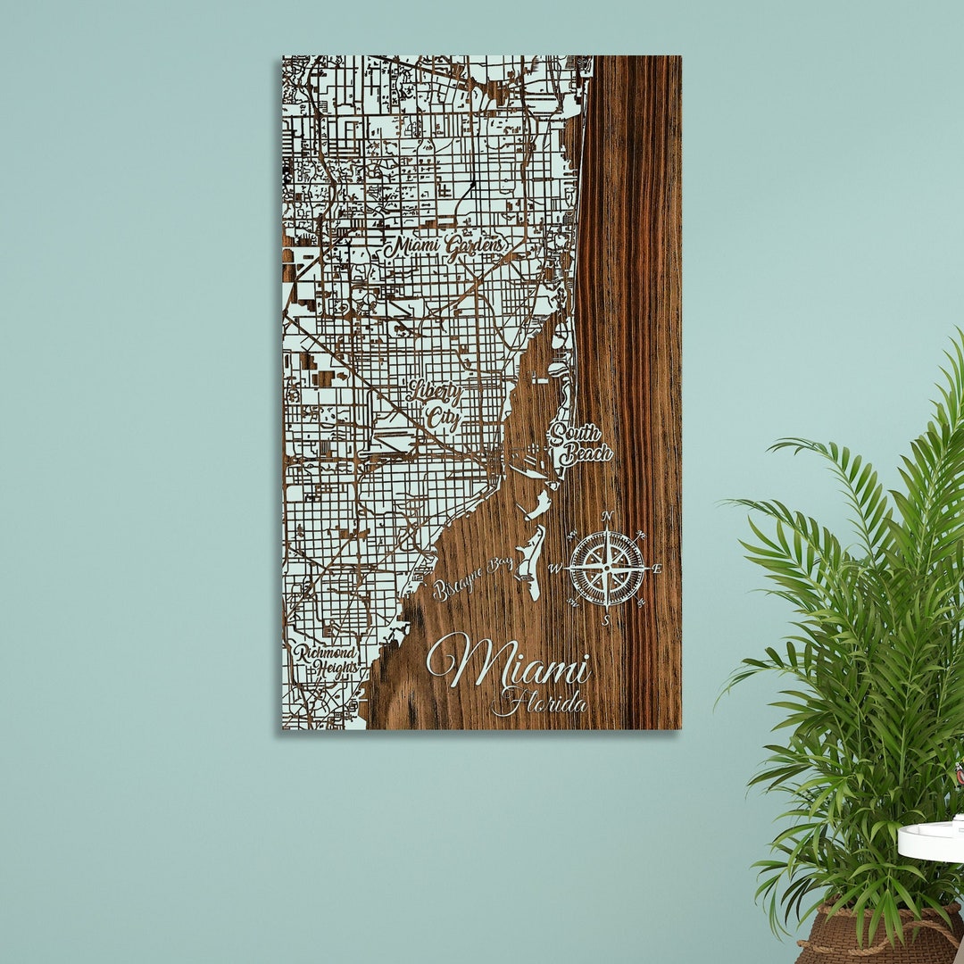 Miami, Florida Whimsical Map | Wood Engraved Maps | Wall Art| Wood Wall ...