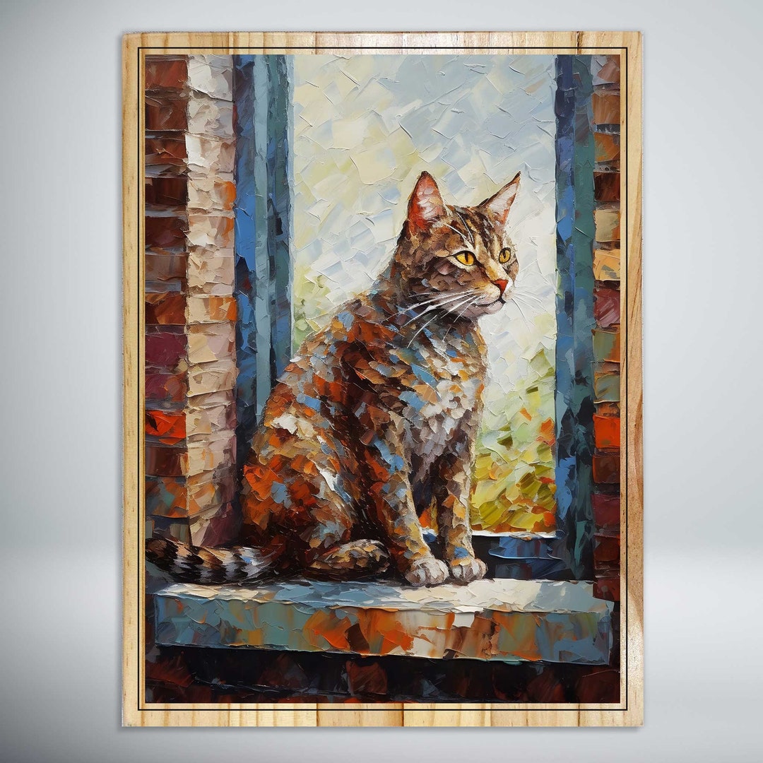 Window Cat Art Print: Whimsical Feline Pine Wood Wall Decor - Etsy