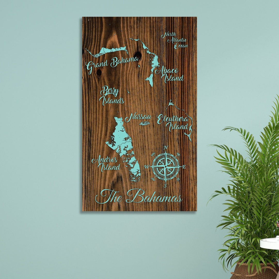 Caribbean: Bahamas Whimsical Map; Wood Engraved Maps, Wall Art| Wood ...