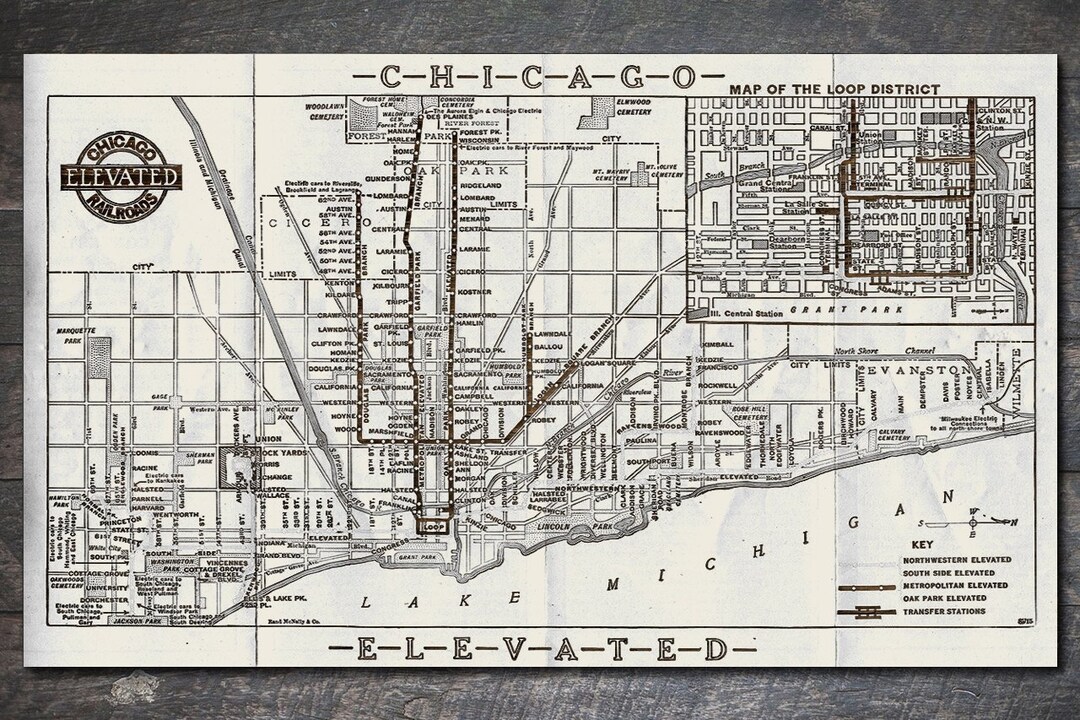 1915 Chicago, Illinois Elevated Map | Wood Engraved Maps | Wall Art ...