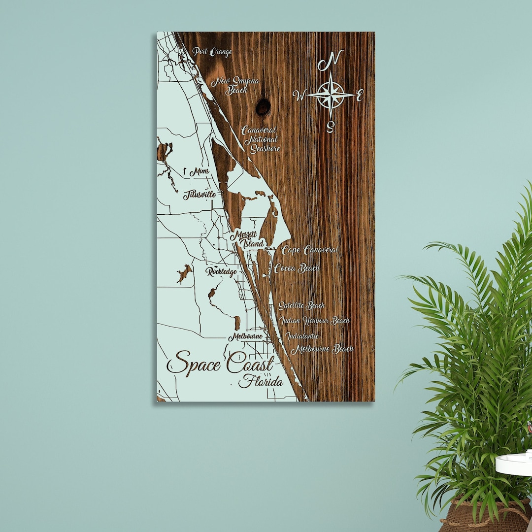 Space Coast, Florida Whimsical Map | Wood Engraved Maps| Wall Art ...