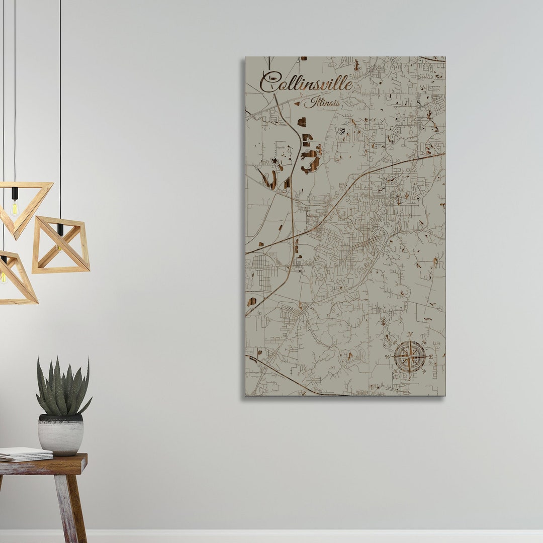 Illinois: Collinsville Street Map; Wood Engraved Maps, Wall Art| Wood ...