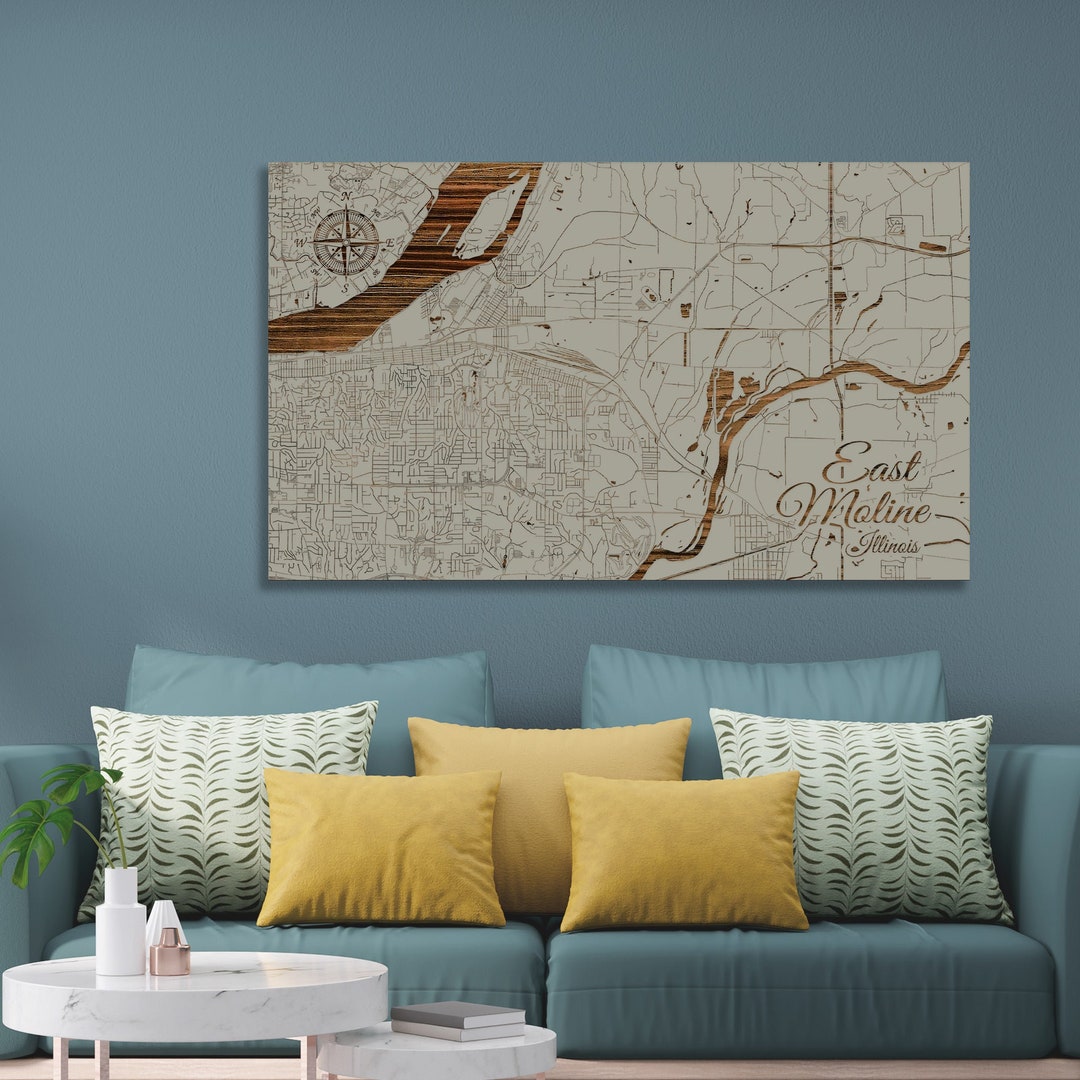 Illinois: East Moline Street Map; Wood Engraved Maps, Wall Art| Wood ...