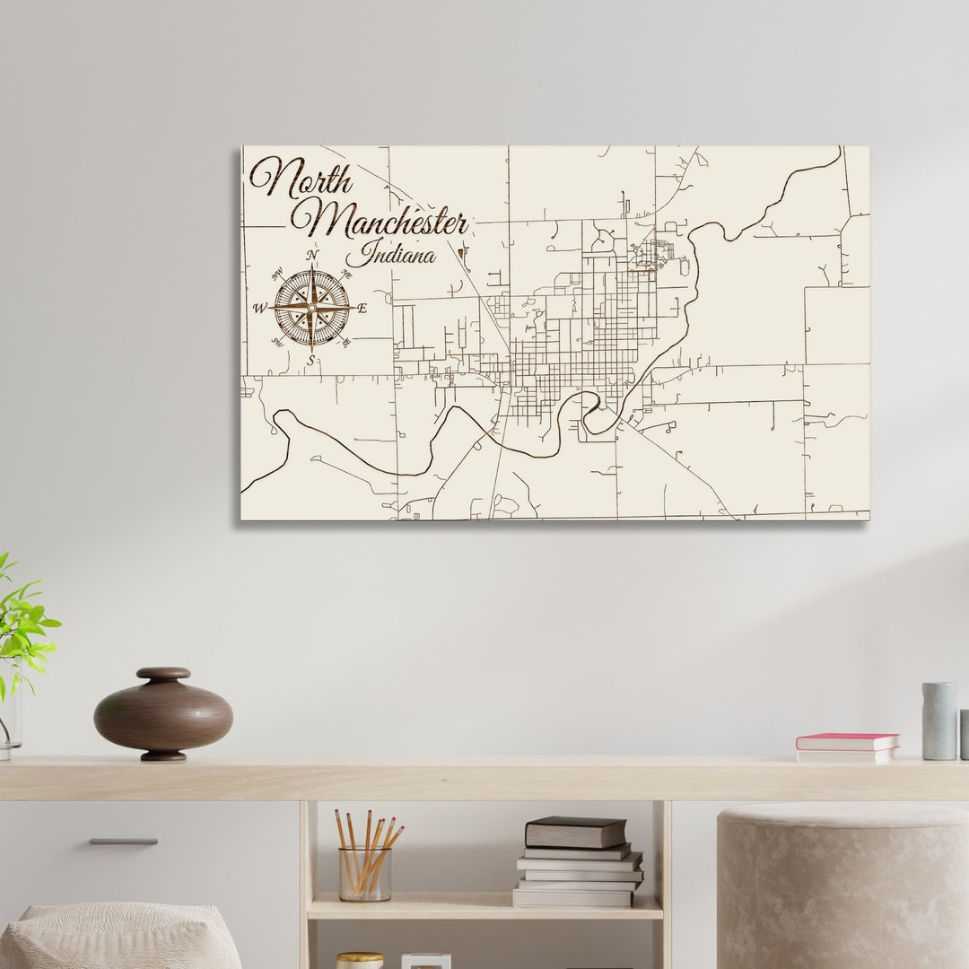 North Manchester, Indiana Street Map | Wood Engraved Map | Wall Art ...