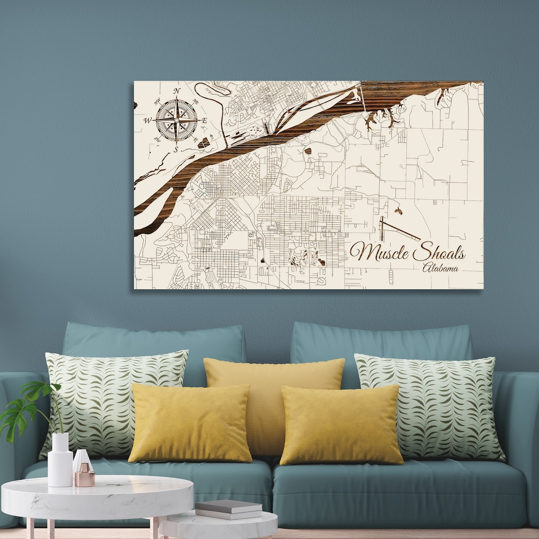 Muscle Shoals, Alabama Street Map | Wood Engraved Maps | Wall Art| Wood ...