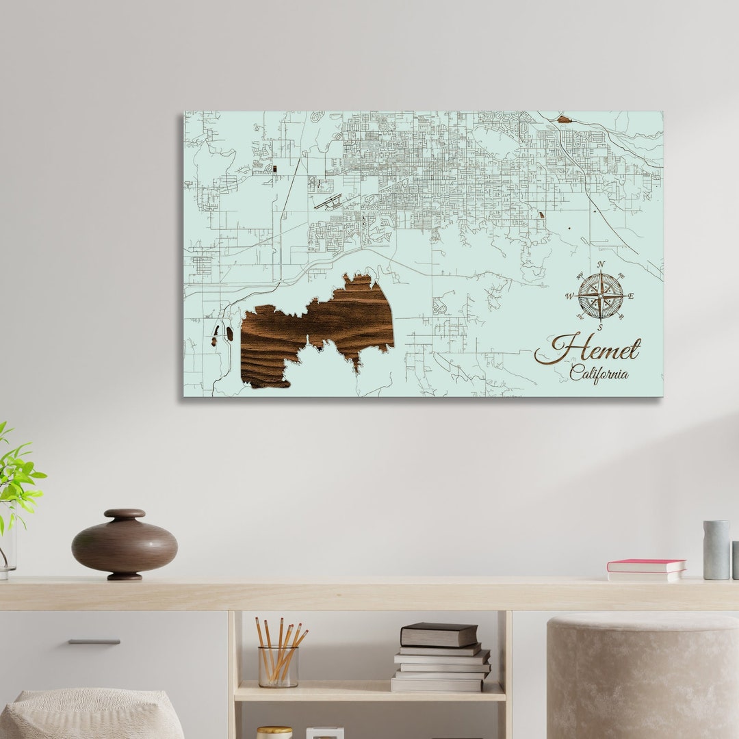 Hemet, California Street Map | Wood Engraved Maps | Wall Art| Wood Wall ...