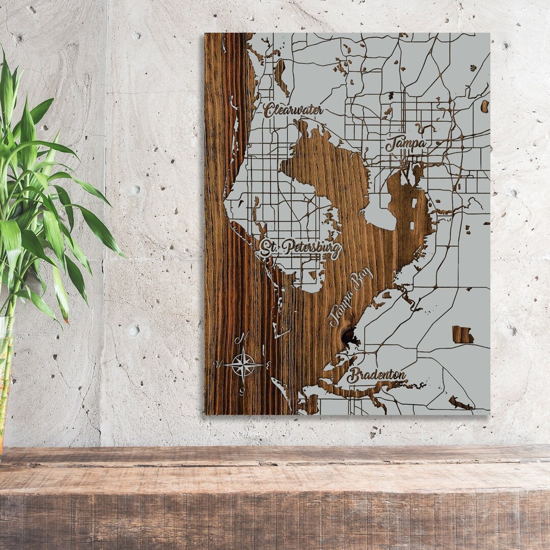 Tampa, Florida Whimsical Map | Wood Engraved Maps | Wall Art| Wood Wall ...