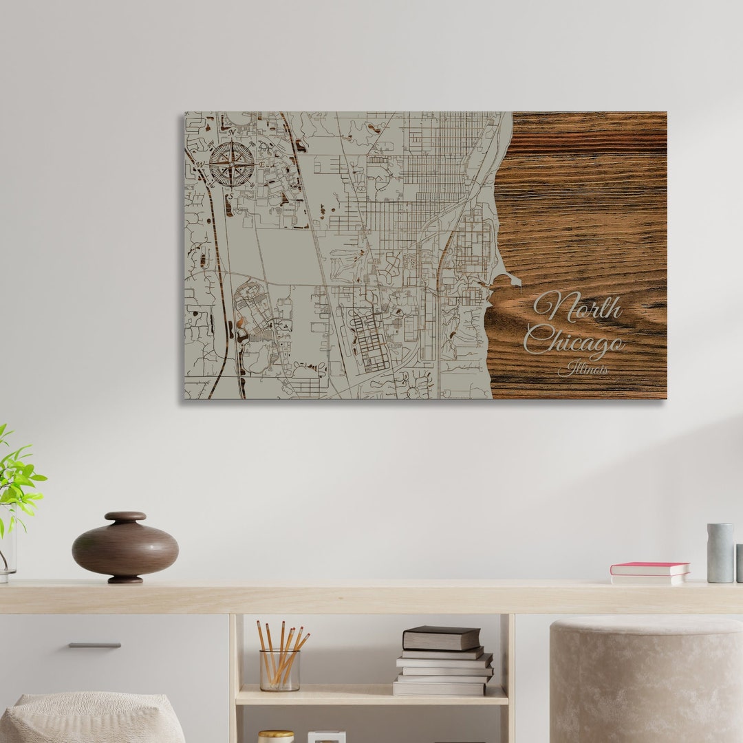 North Chicago, Illinois Street Map | Wood Engraved Maps, Wall Art| Wood ...