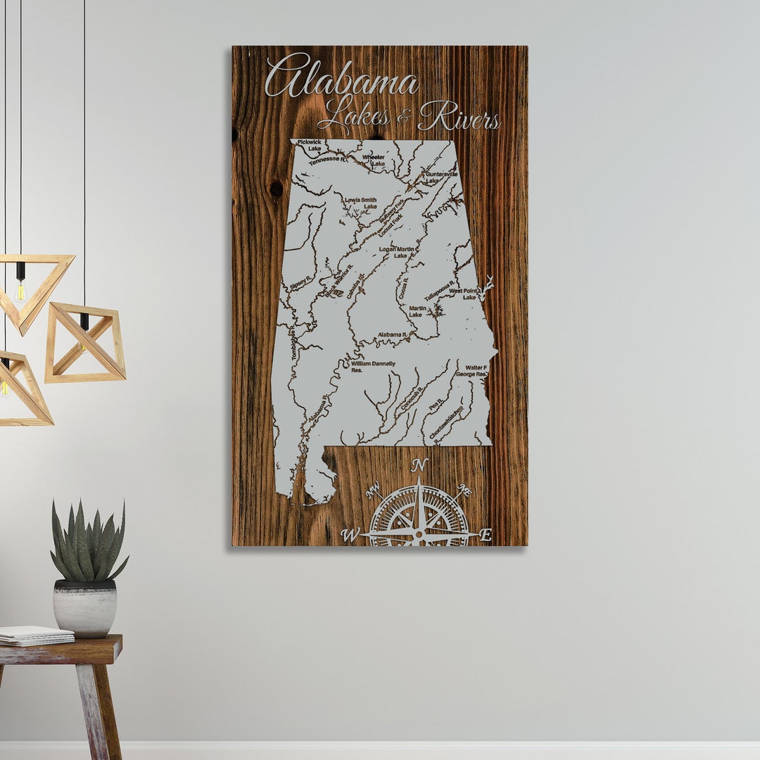 Alabama Lakes & Rivers Wood Engraved Map - Rustic Wall Art - Etsy