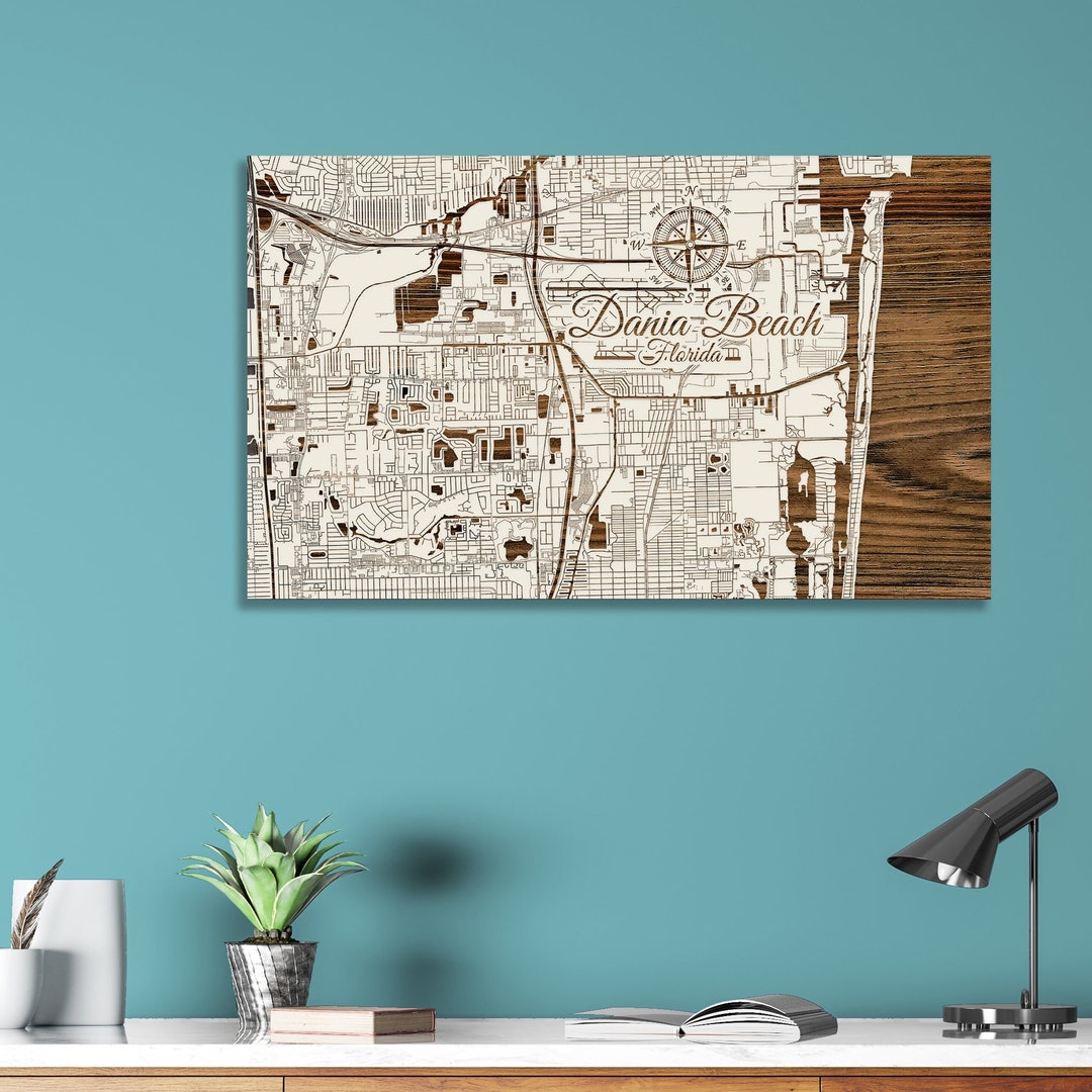 Dania Beach, Florida Street Map | Wood Engraved Maps | Wall Art| Wood ...