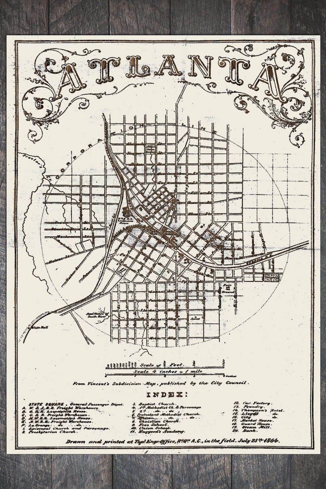 1864 Atlanta Index Wood Art | City Plan of Atlanta in 1864 | 1864 ...