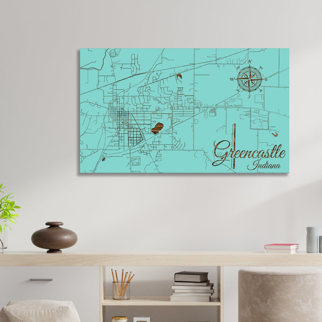 Greencastle, Indiana Street Map | Wood Engraved Map | Wall Art| Wood ...