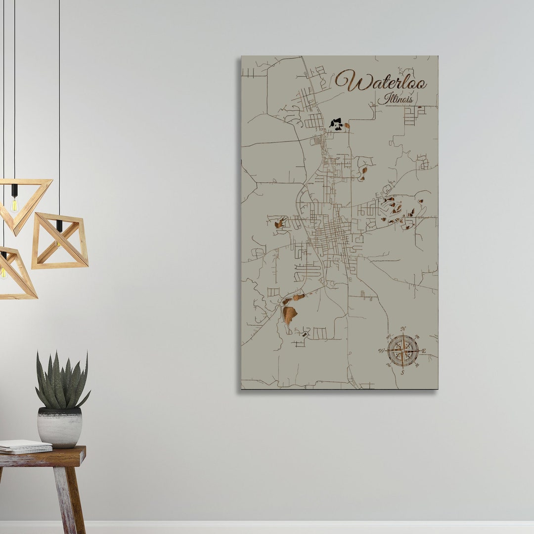 Waterloo, Illinois Street Map | Wood Engraved Maps, Wall Art| Wood Wall ...