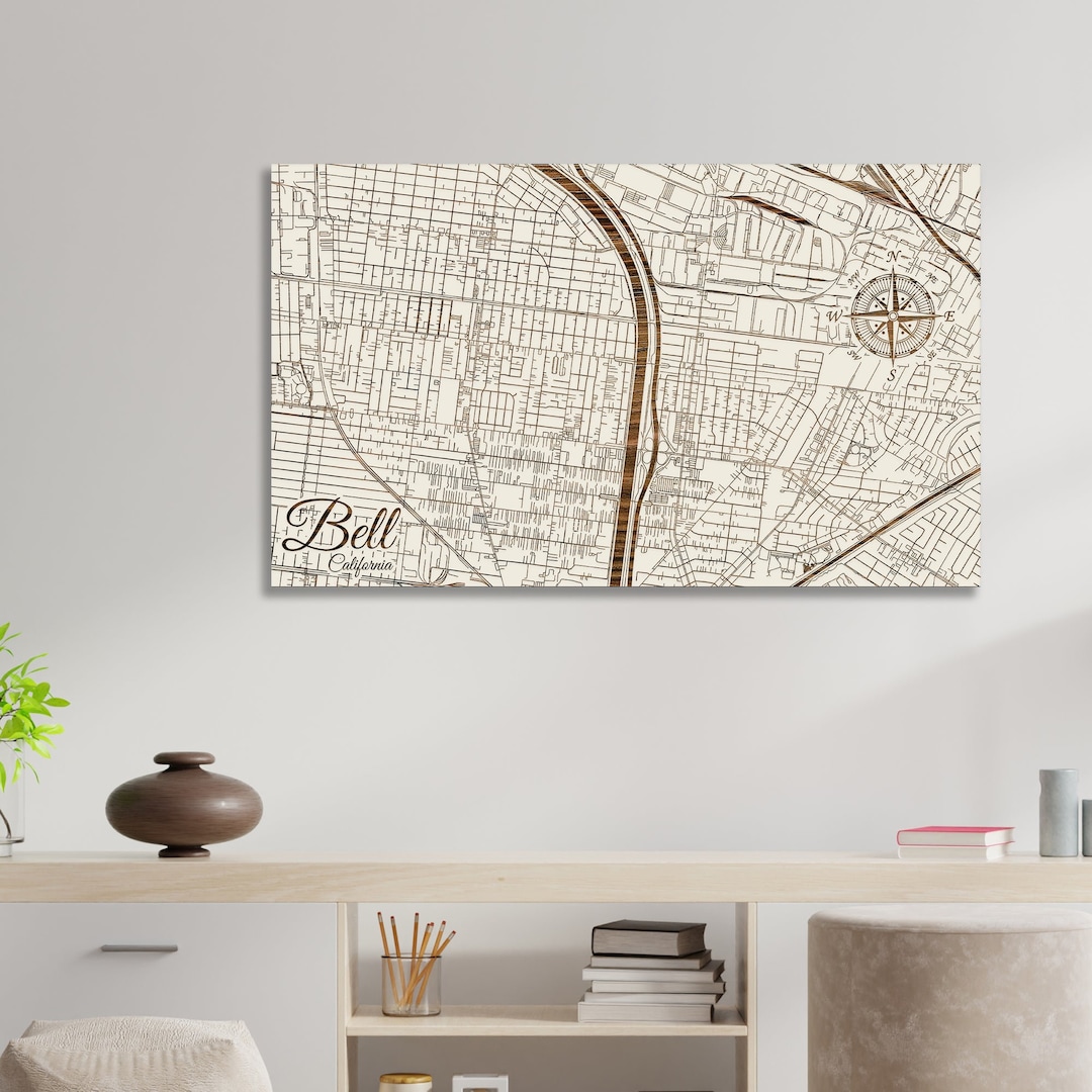 California: Bell Street Map; Wood Engraved Maps, Wall Art| Wood Wall ...
