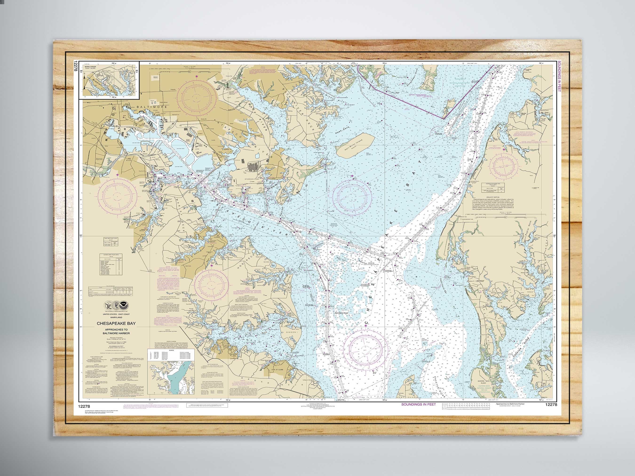 Chesapeake Bay Nautical Chart: Baltimore Harbor Coastal Pine Wood Wall ...