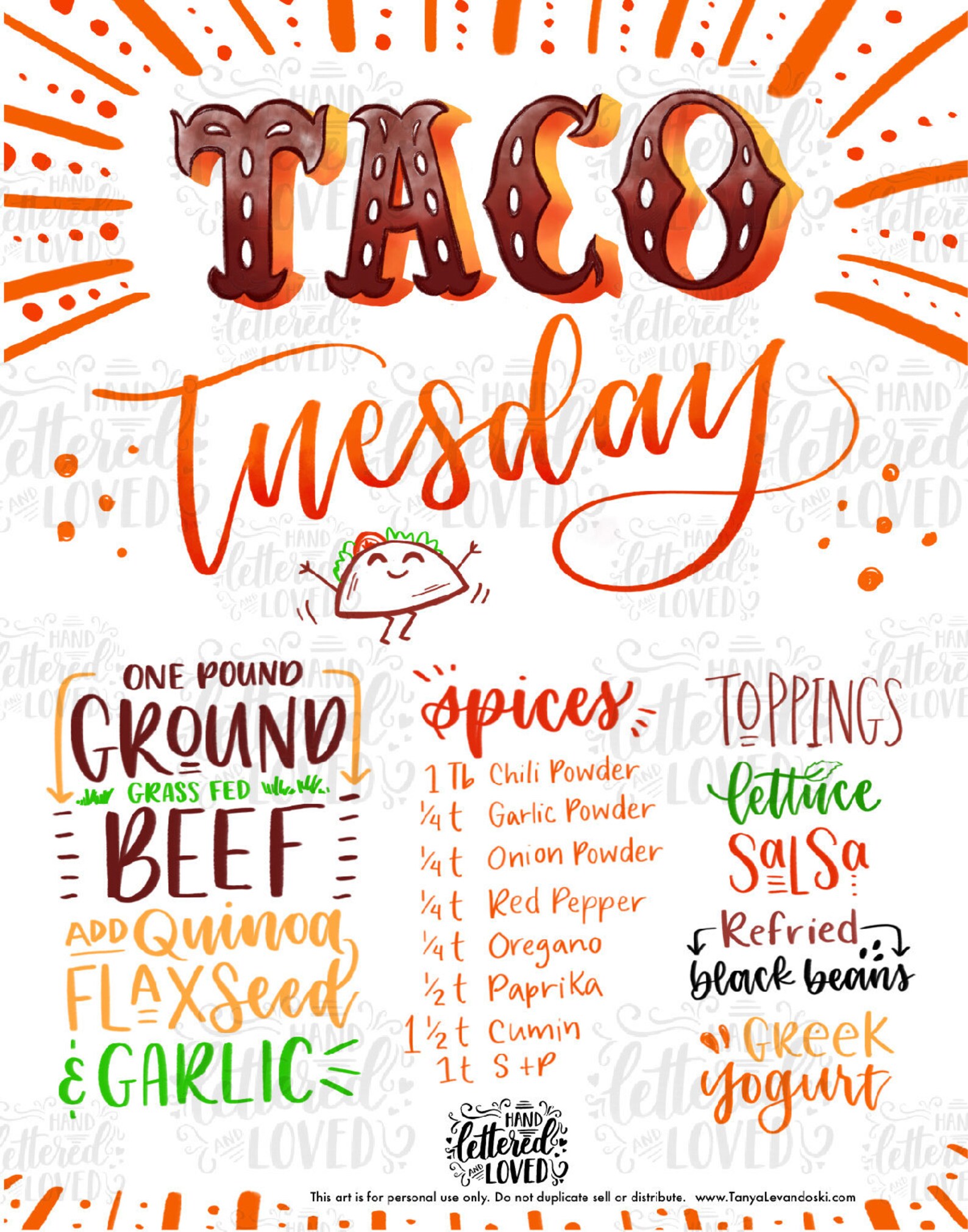 8.5 X 11 Printable Taco Recipe, Hand Lettered, Hand Done, Digital ...