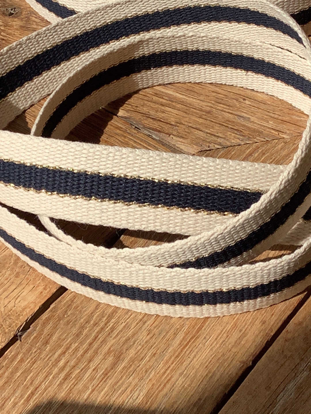 Luggage Strap, Cotton, 3 Stripes, Gold Metal Thread, Ecru and Navy ...