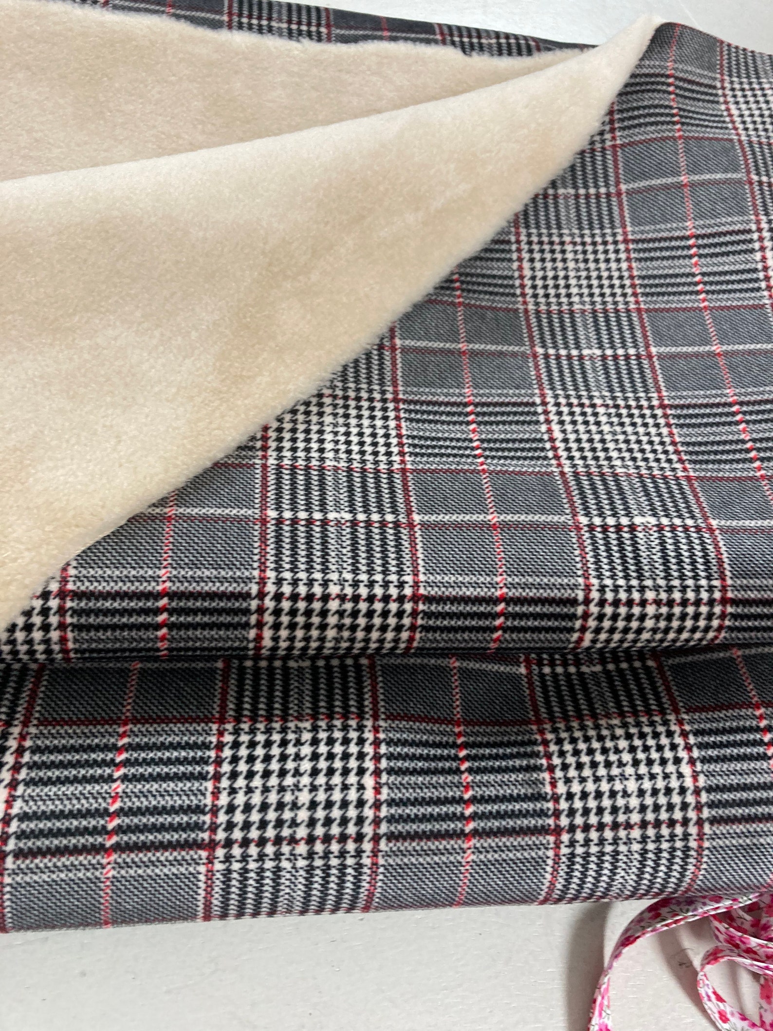 Shearling Fabric, Gray and Red Check Pattern, Beige Fur Lining, Sold by ...