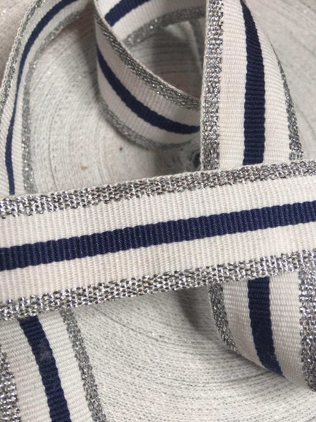 Grosgrain Ribbon, Nautical Stripe Pattern, Grey/white/navy Blue Lurex ...