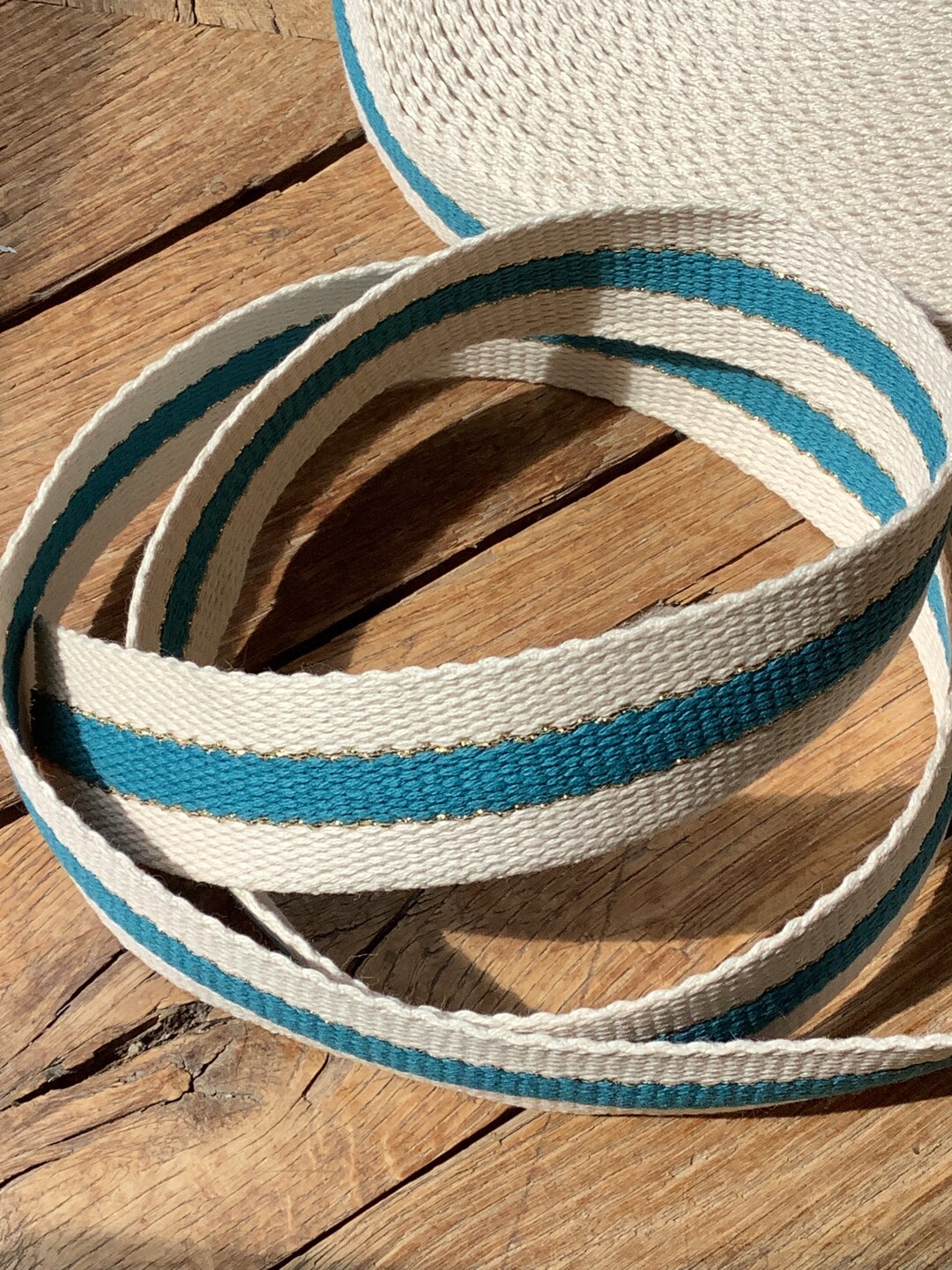 Luggage Strap, Cotton, 3 Stripes, Gold Metal Thread, Ecru and Duck Blue ...
