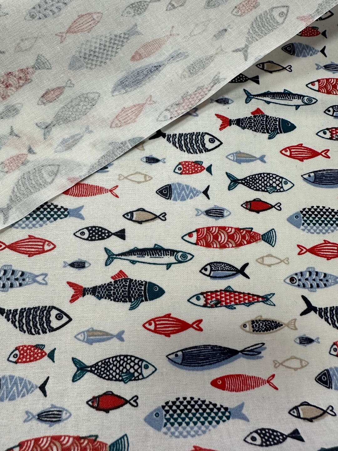 Coated Cotton Fabric, Fish Print, White Background, Width 140cm, Sold ...