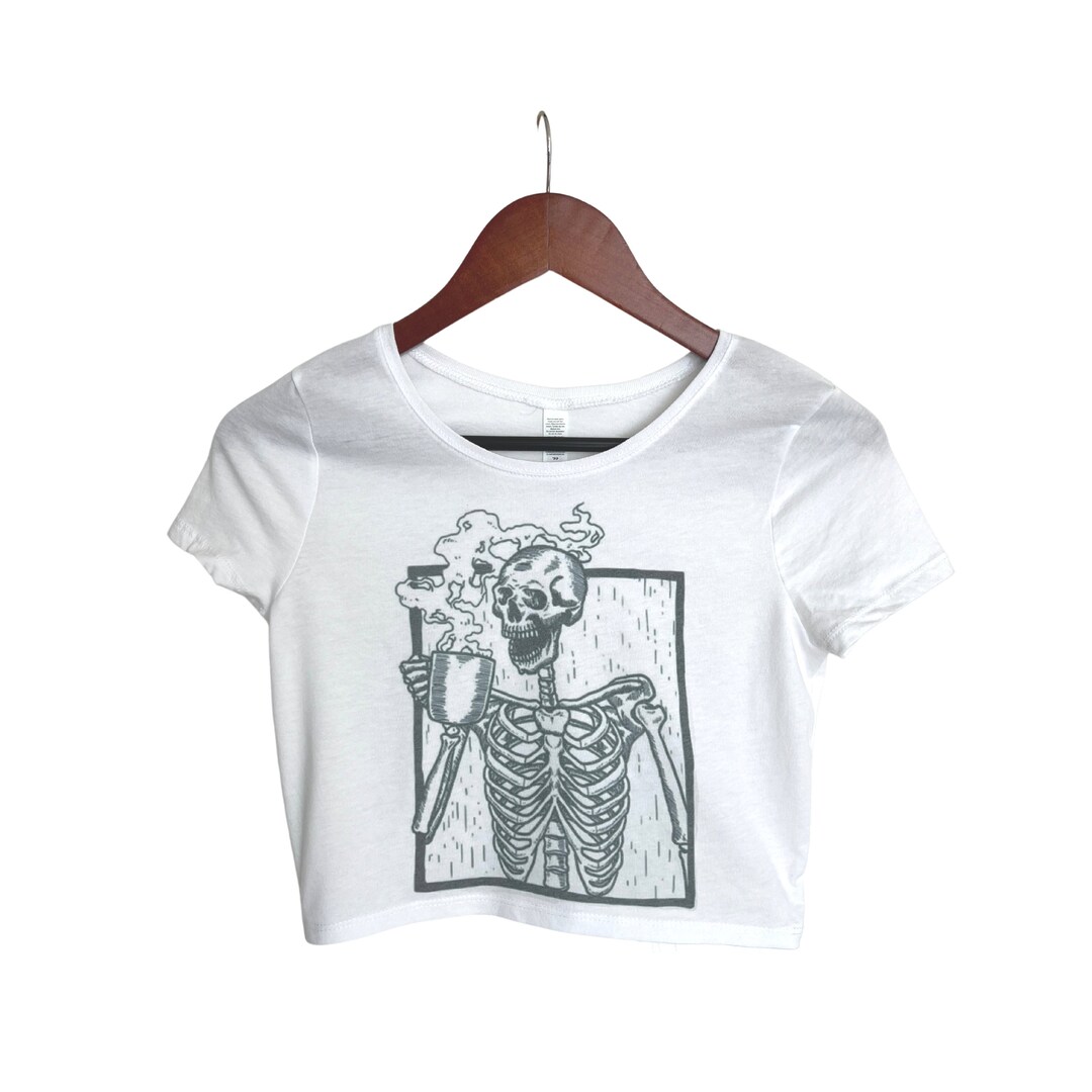 Skeleton Drinking Coffee Crop Top, Halloween Crop Top, Vintage Spooky ...