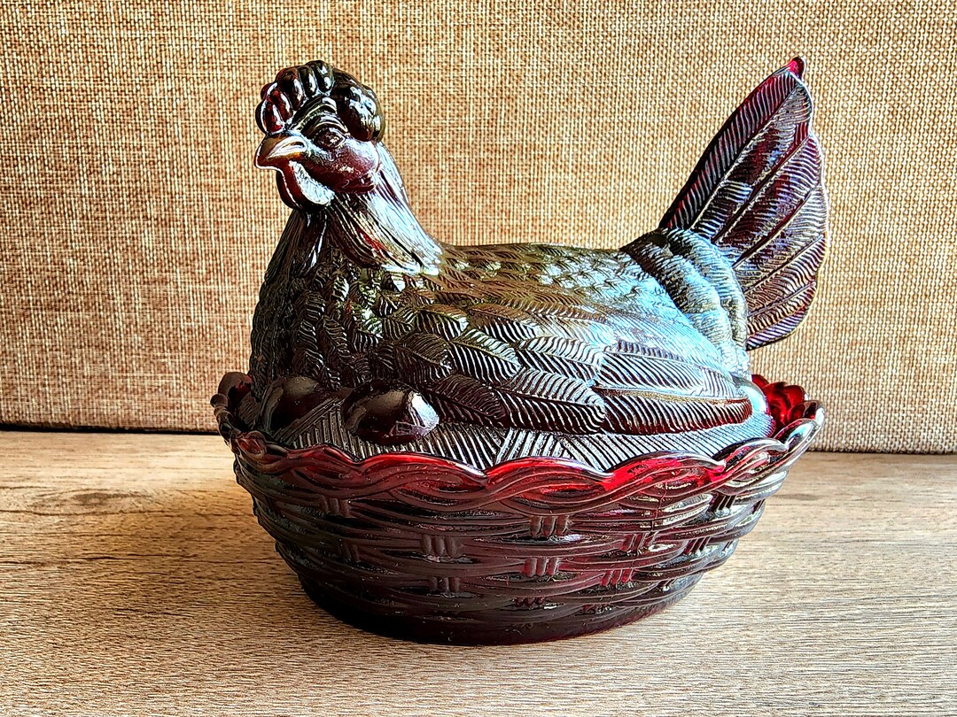 Vintage Ruby Red Hen on Nest - Etsy