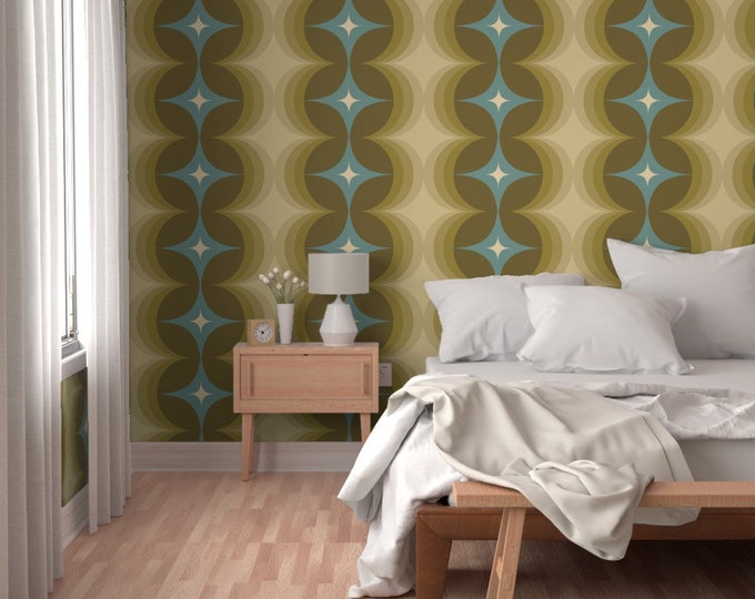 70s Retro Vintage Diamonds Wallpaper in Olive Green and Retro Blue ...