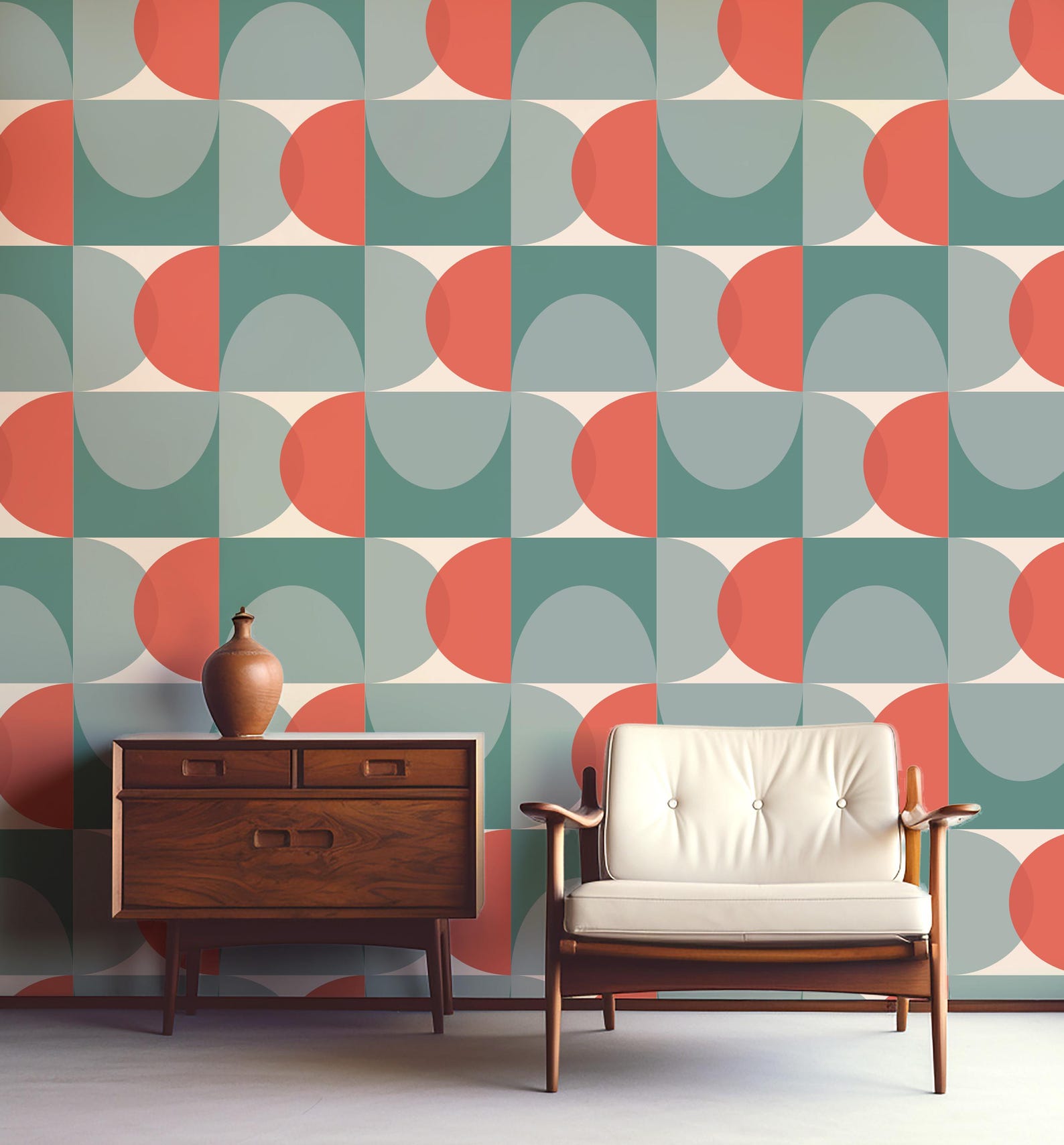 Retro Half Circle Peel and Stick Wallpaper, Orange, Teal, Geometric ...