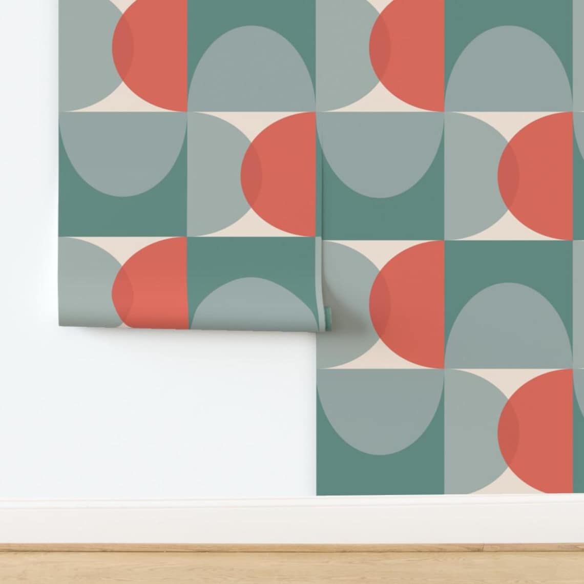 Retro Half Circle Peel and Stick Wallpaper, Orange, Teal, Geometric ...