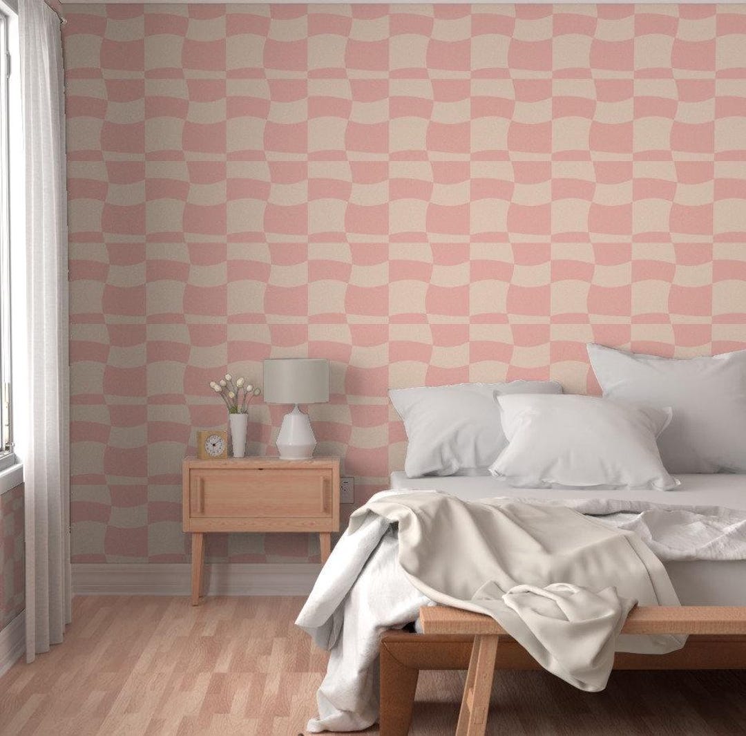 Warped Wavy Checkered Pink Wallpaper, Peel Stick Removable Wallpaper ...