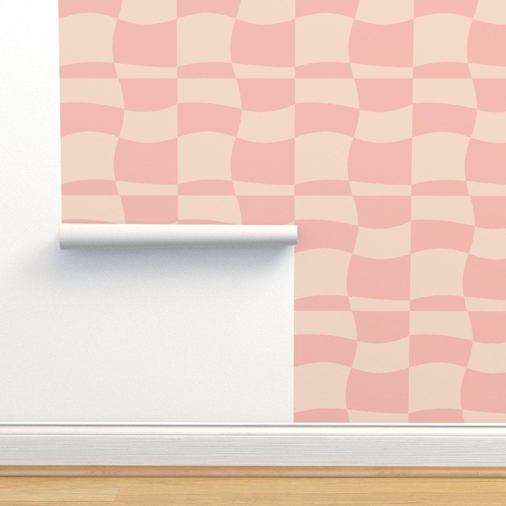 Warped Wavy Checkered Pink Wallpaper, Peel Stick Removable Wallpaper ...