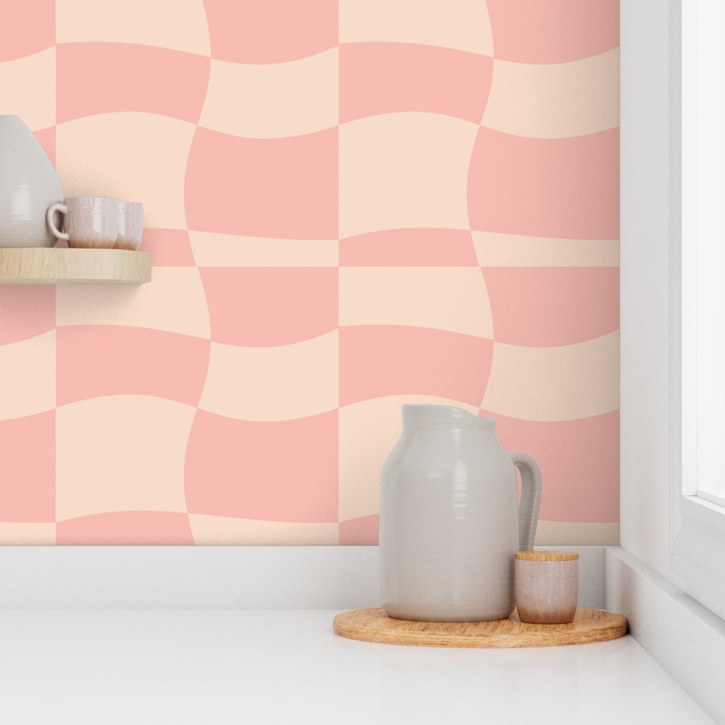 Warped Wavy Checkered Pink Wallpaper, Peel Stick Removable Wallpaper ...