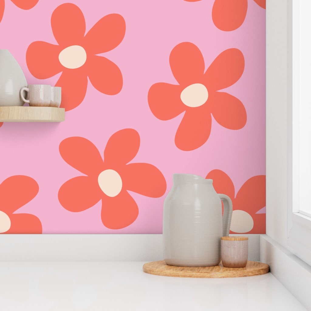 70s Retro Big Bold Funky Flower Wallpaper in Pink and Orange, Peel ...