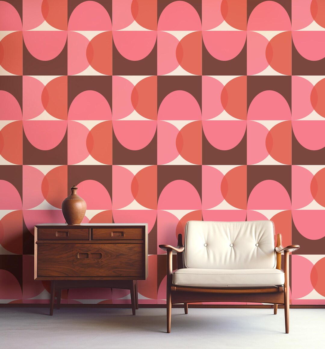 Retro Geometric Half Circle Wallpaper, Pink Orange Brown, Peel and ...