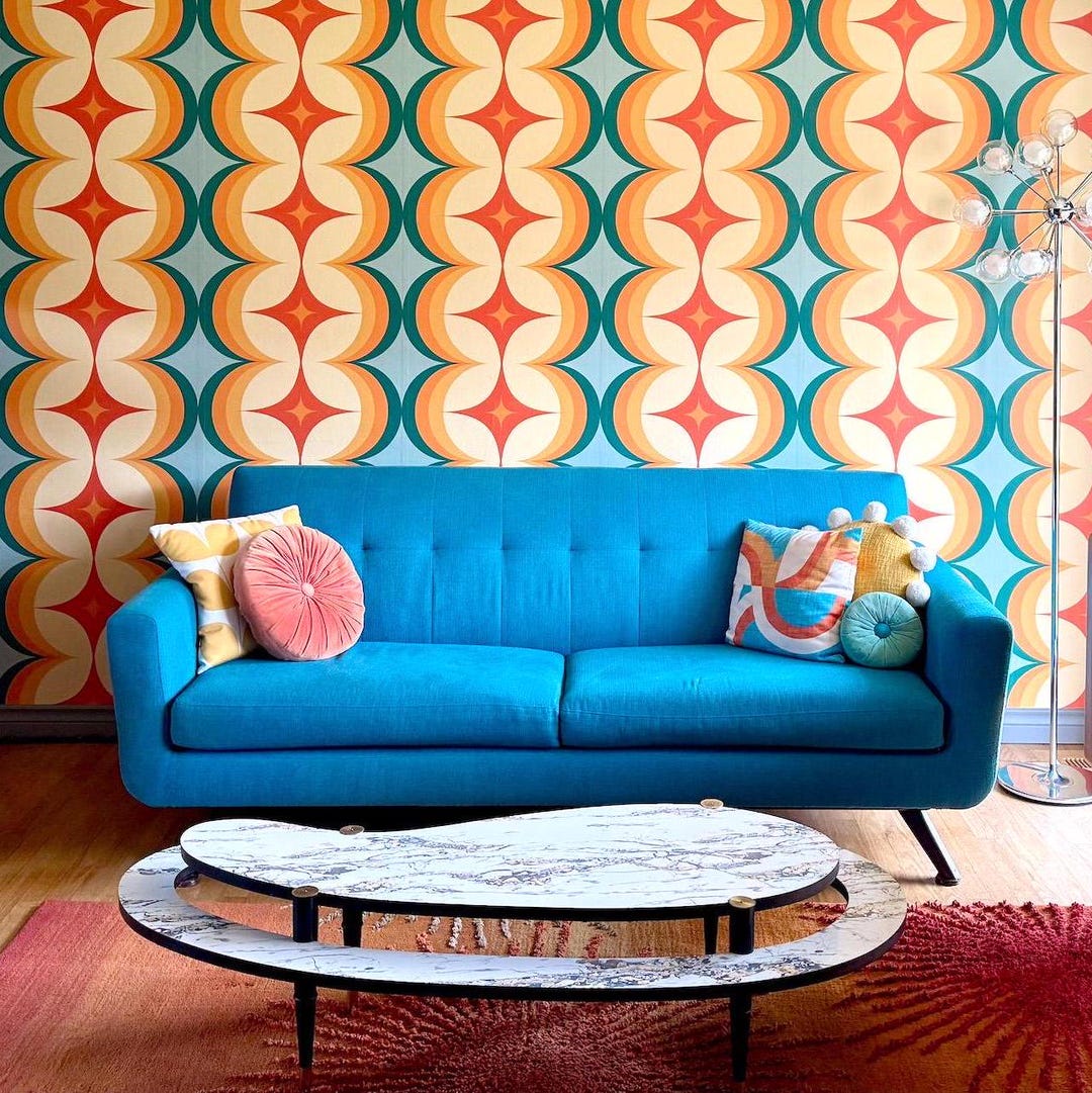 70s Retro Vintage Diamonds Wallpaper in Orange, Blue and Yellow, Peel ...