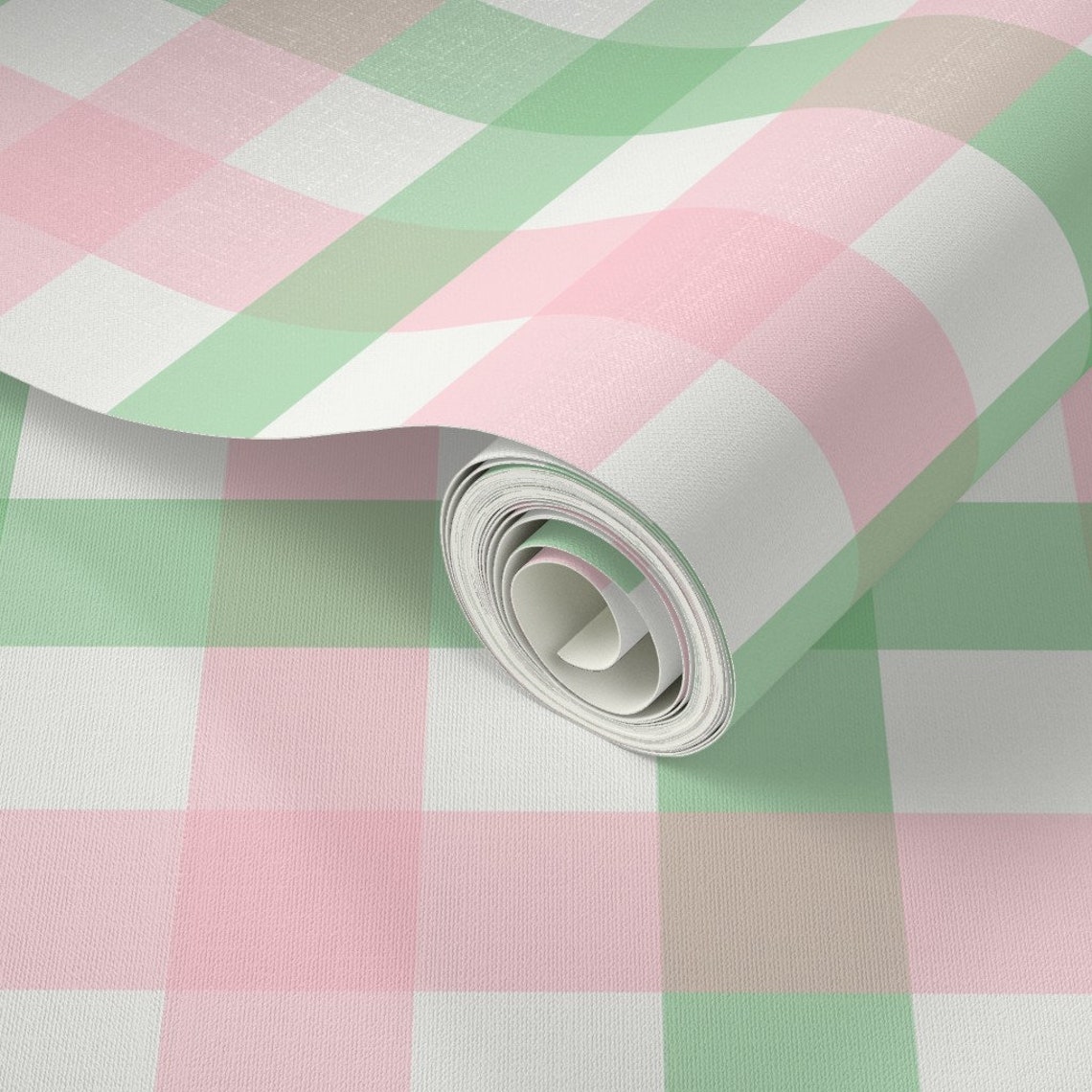 Preppy Pink and Green Gingham Plaid Wallpaper, Grandmillenial, Coquette ...