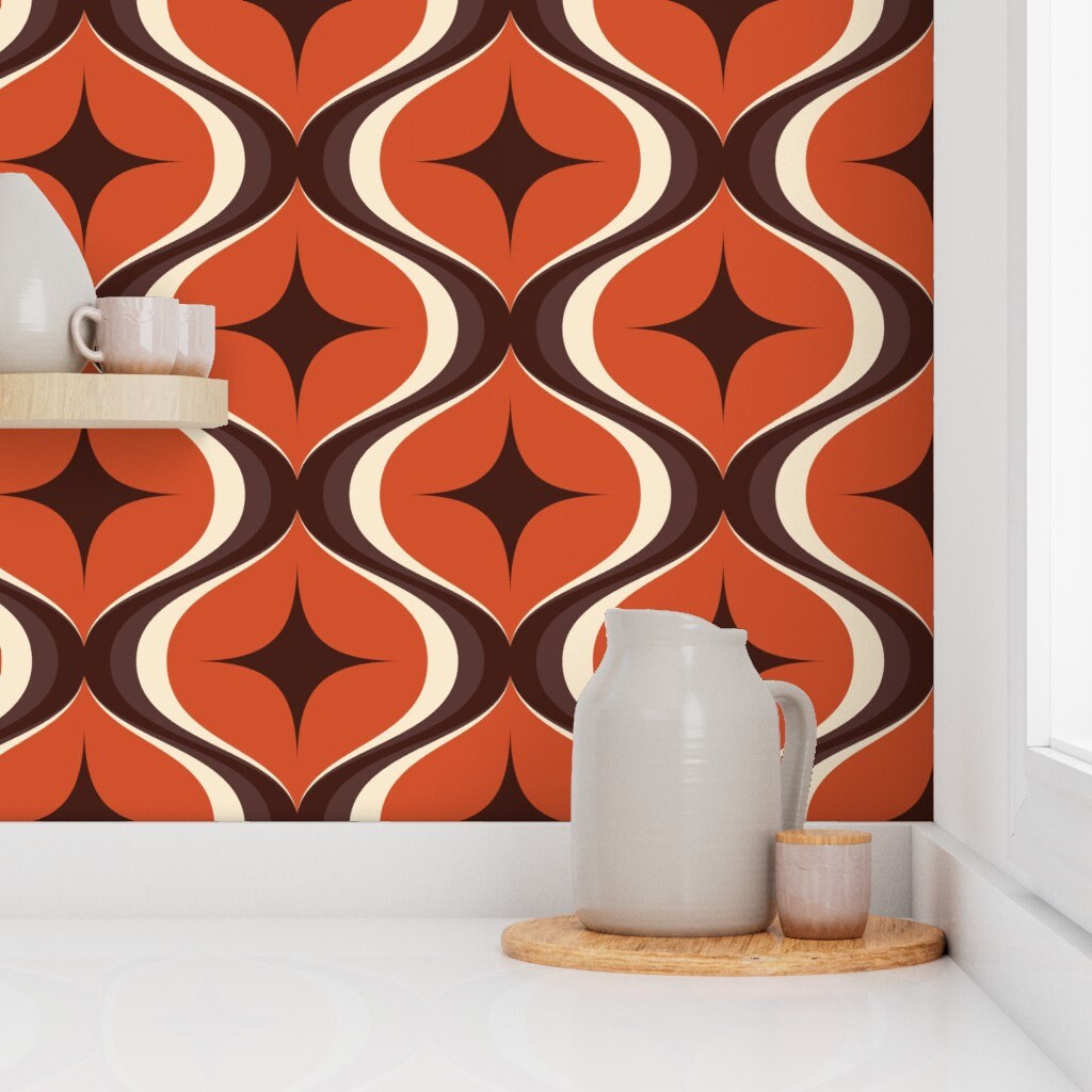 70s Retro Stars Wavy Lines Wallpaper, Brown Orange Ivory, Peel and ...