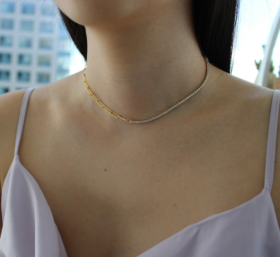 Half Tennis Half Paperclip Necklace, Tennis Necklace, Paperclip ...