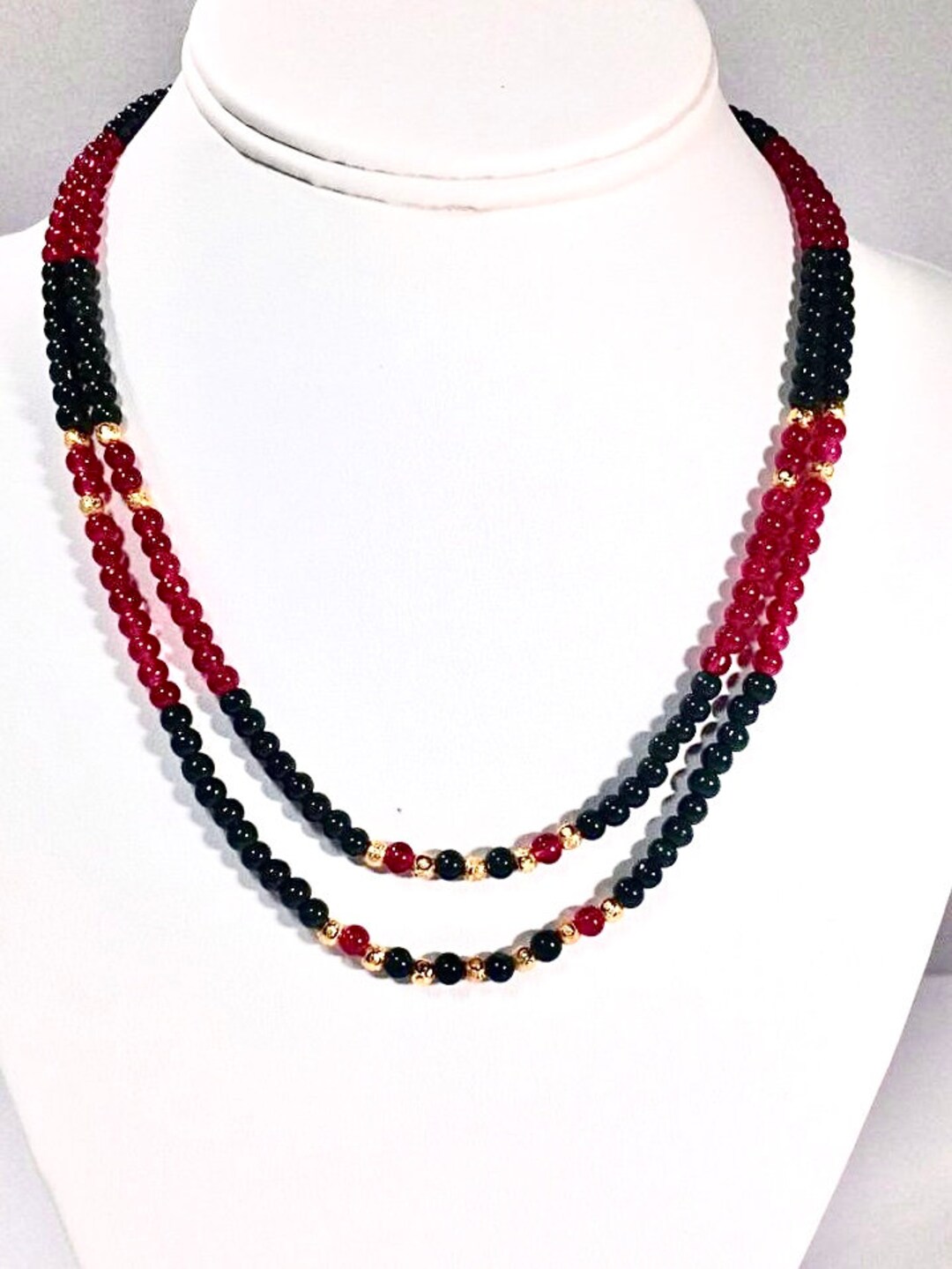 Ruby Necklace, Ruby and Onyx Gemstone Necklace, Two Strand Genuine Ruby ...