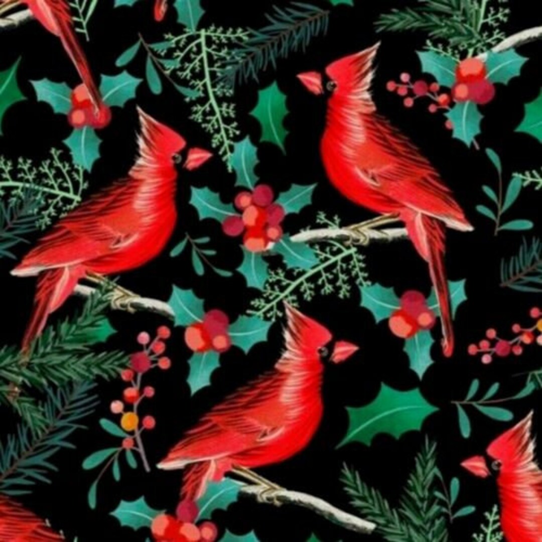 Cardinal Christmas Fabric Holly Pine Black Red 100% Cotton Fat Quarter ...