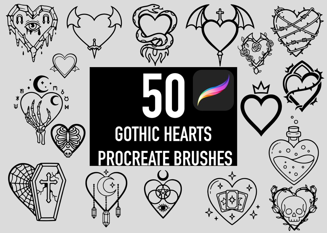 50 Gothic Heart Procreate Graphic Brushes: Witchy, Occult Stamps ...