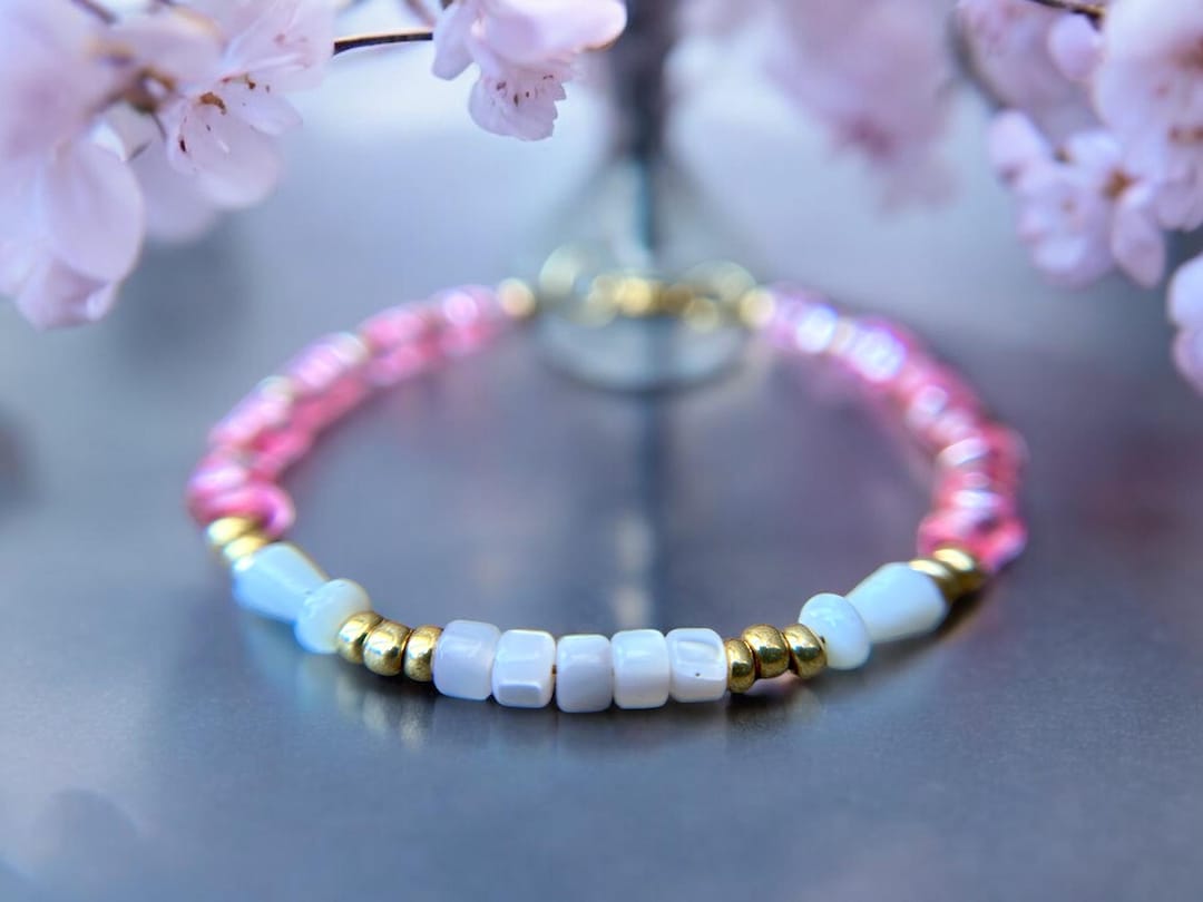 Pink Shell Bead Bracelet: Czech Glass, Gold-plated Clasp - Etsy