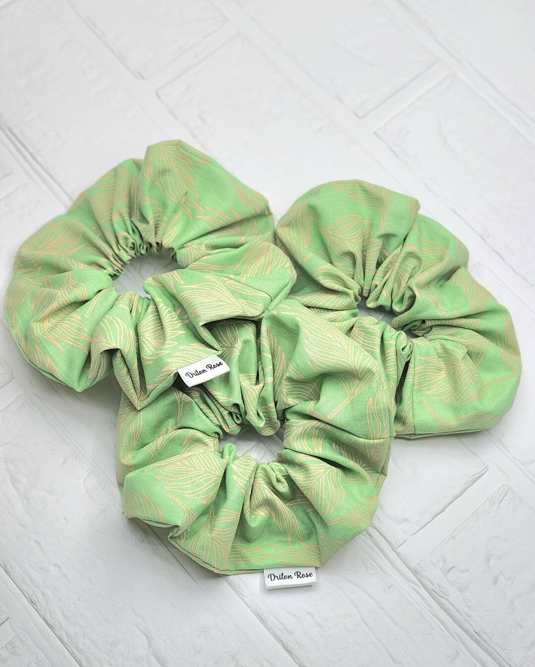 Peach Ferns Scrunchie- Light Green - Leaves - Cotton Scrunchie -hair ...