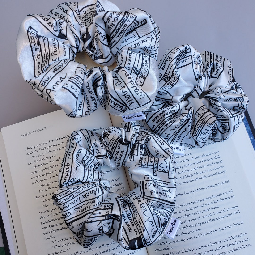Book Lovers Satin Scrunchie - Book Satin Hair Scunchie - Black and ...