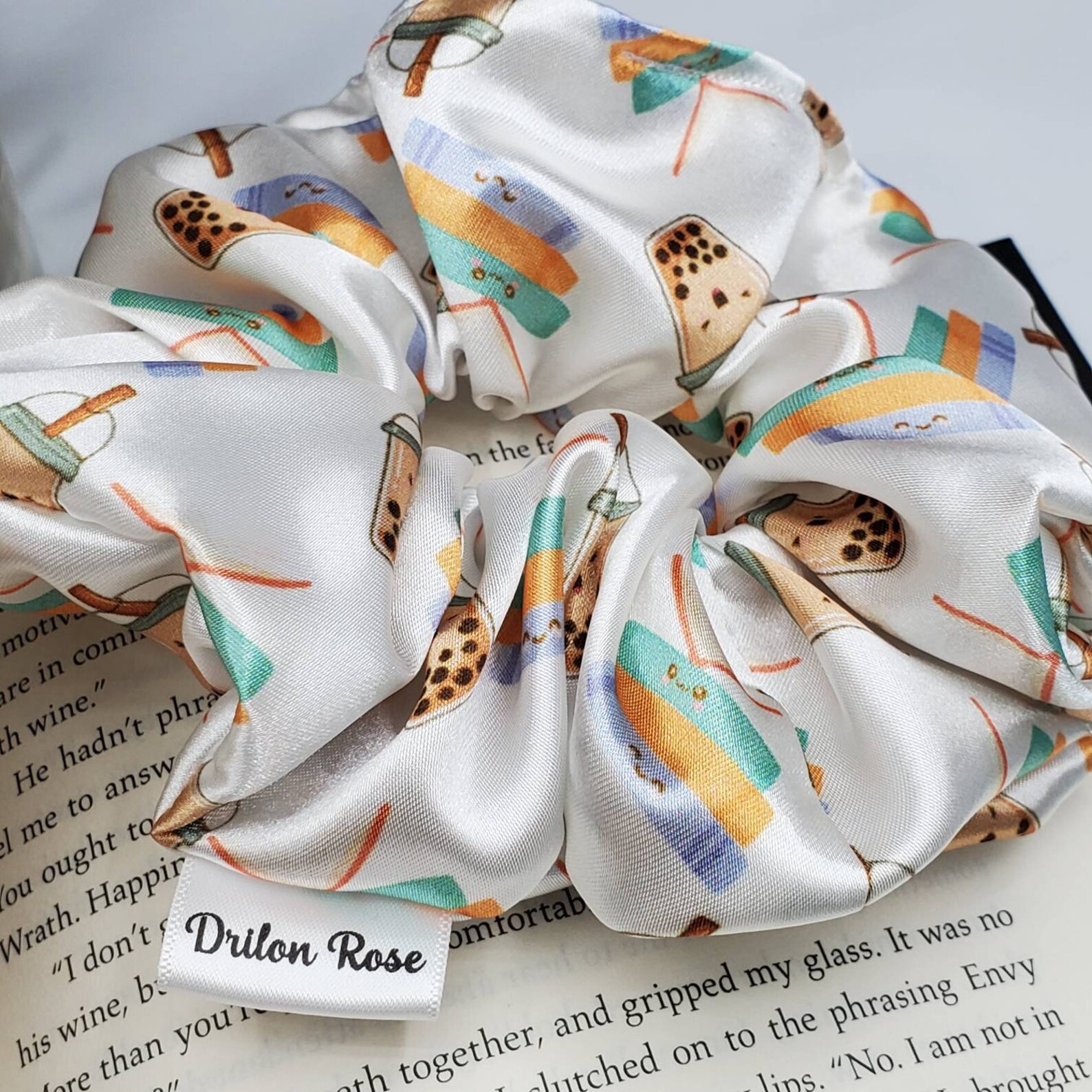 Books and Boba Satin Scrunchie Kawaii Satin Hair Scunchie - Etsy