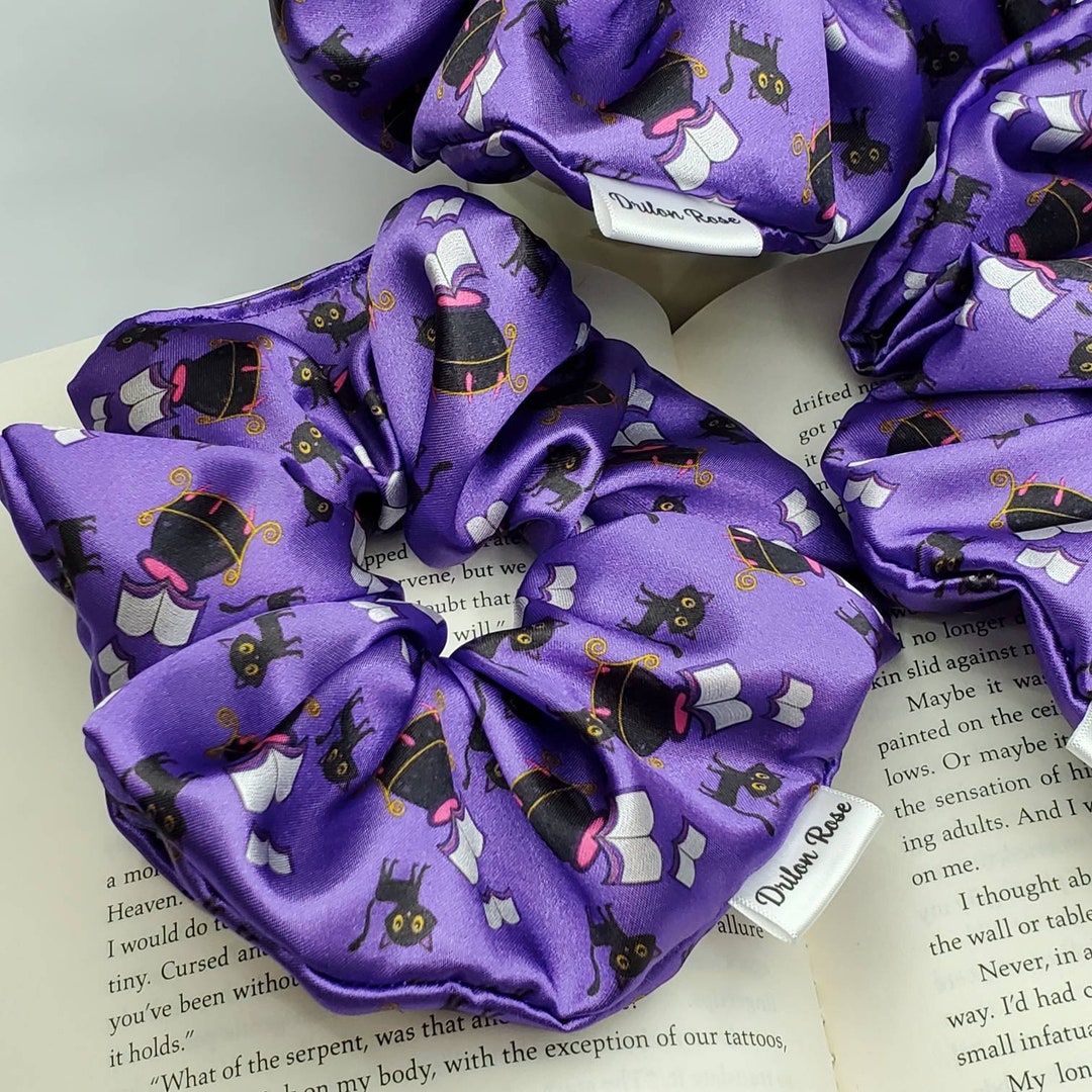 Black Cats and Spell Books Satin Scrunchie - Purple Satin Hair Scunchie ...
