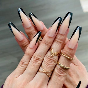 Black V Shape French Long Coffin Press on Nails 24 Pc Nail Set Fake ...
