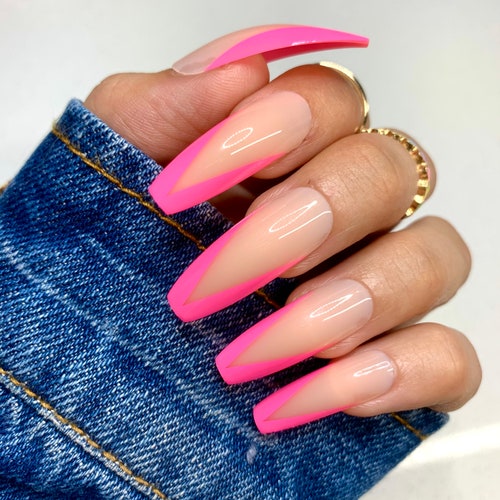 Pink French V Shape Long Coffin Press On Nails Fake False 24 Etsy